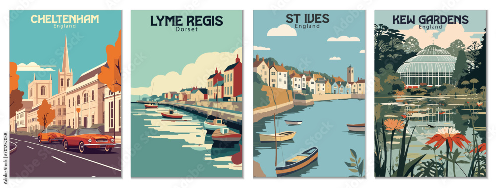 Vintage Travel Posters Set: Cheltenham, England, Kew Gardens, England ...