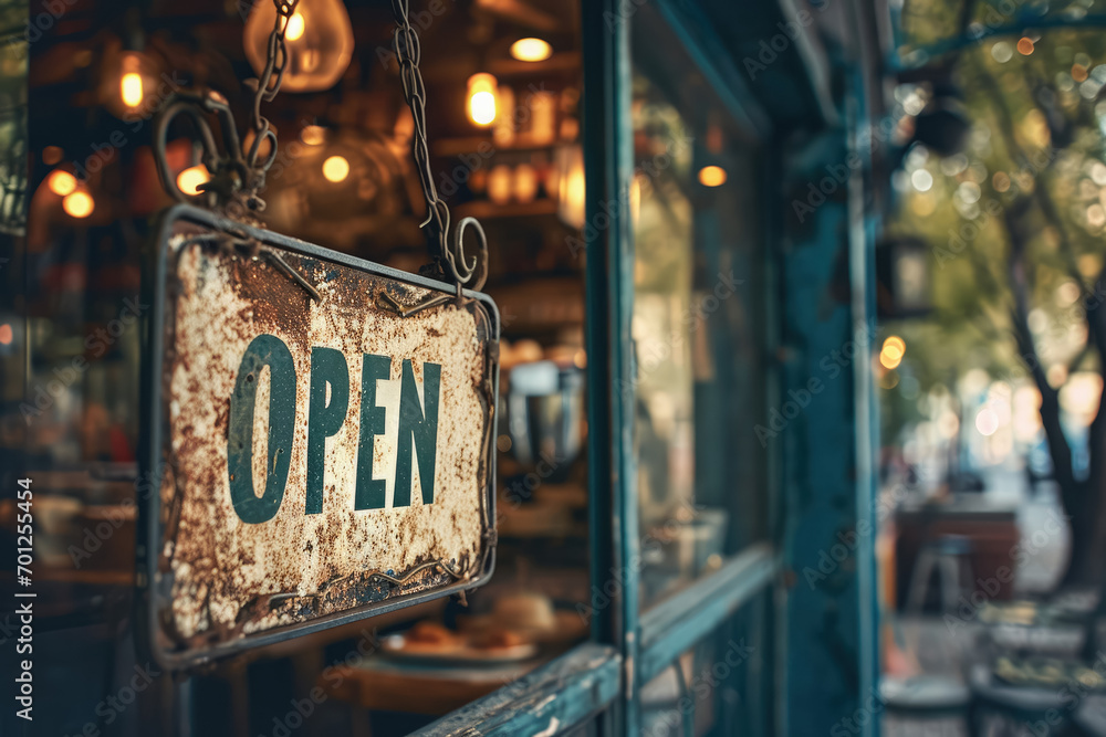 Sign OPEN on a restaurant shop , Open sign board on glass door in ...