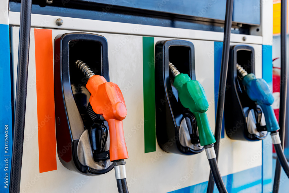 Fuel Pump, Gas Station, Gasoline. Colorful Petrol pump filling nozzles ...