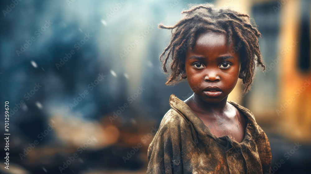Poster Portrait of a dark-skinned girl in the slums – Muurposter ...