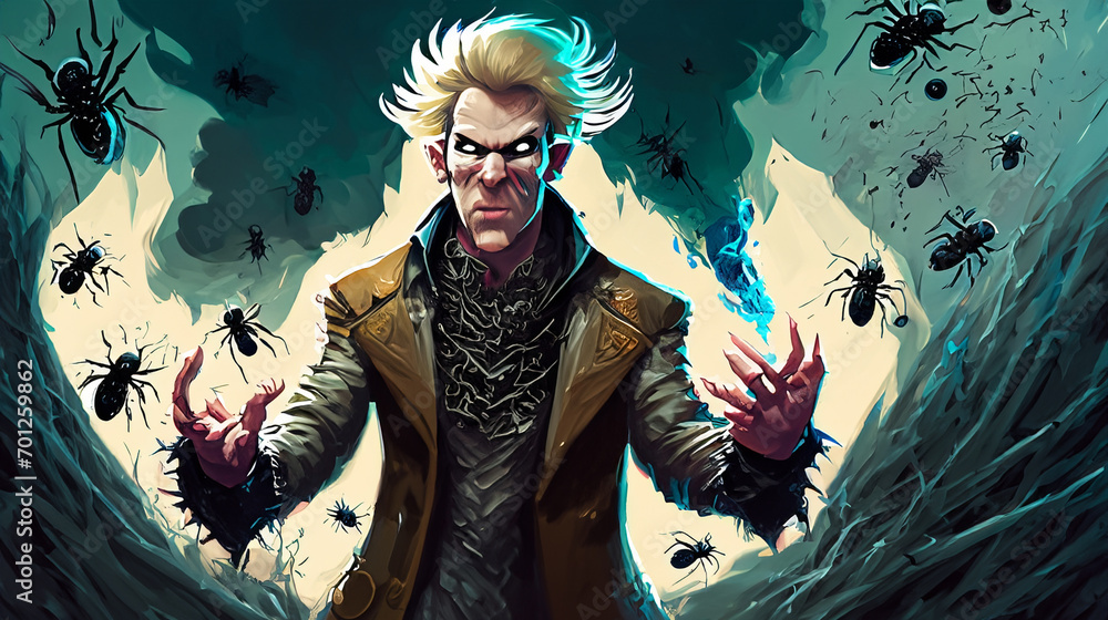 evil sorcerer casting a spell to release the black insects from his ...