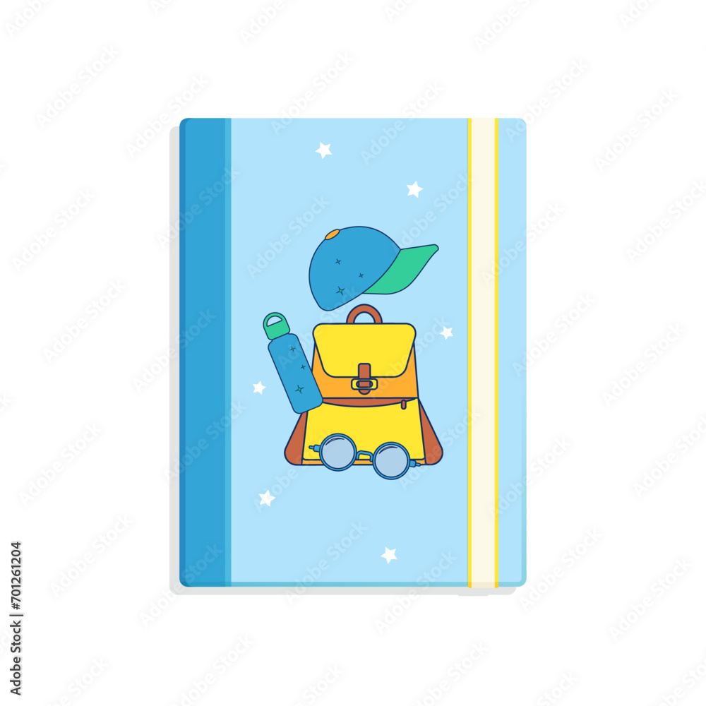Blue copybook with cute cartoon doodle illustration, isolated on white ...
