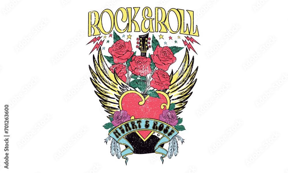 Heart, rose flower with guitar music poster. Music world tour. Rock and ...