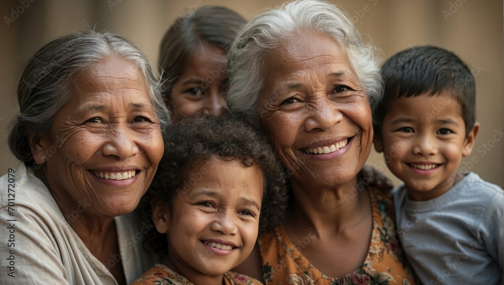 Group of older women and young children smiling together, portraying a ...