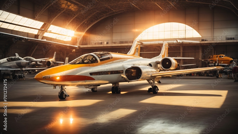 Foto de Sunset Hangar with Retro-Futuristic Aircraft": A hangar filled ...