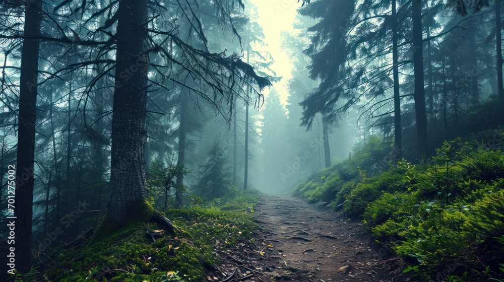 Foggy forest trail with tall trees and a mystical, eerie atmosphere ...