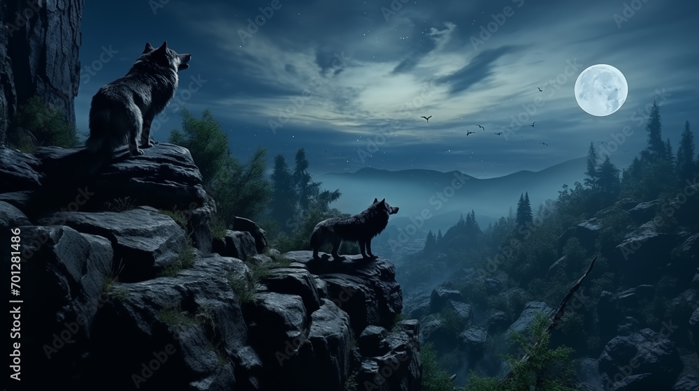 Wolf with beautiful moon at night. Concept of the world of animals and ...