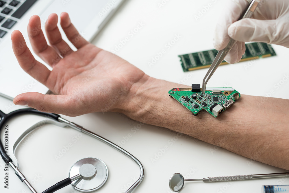 The man shows his hand with a chip implanted. The concept of chipping ...