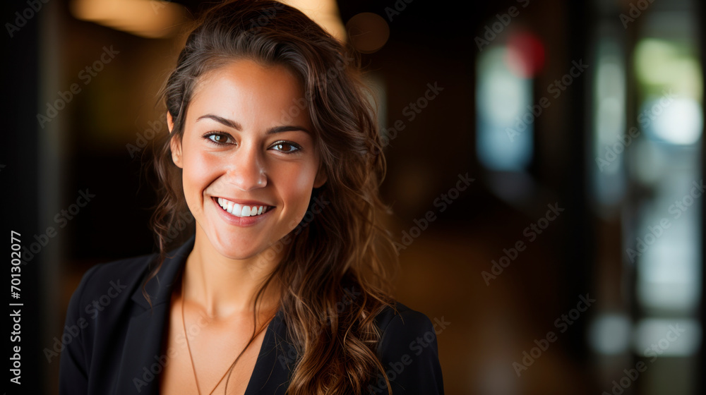 Young smiling professional woman in blue dark business suit, long hair ...