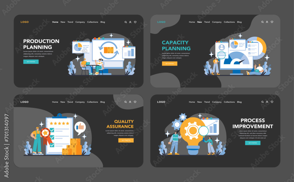 Production and Quality night or dark mode web or landing page set. A ...