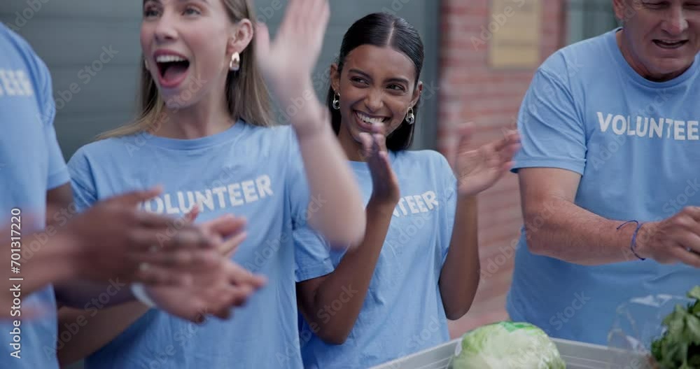 Volunteer smile, celebration applause and people cheers for donation ...