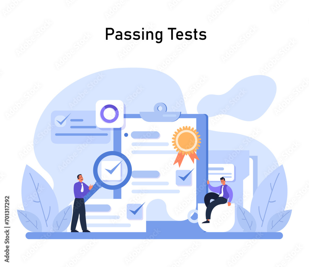 Passing Tests concept. Enthusiastic professionals highlight a completed ...