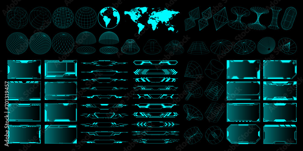 Vetor de Sci Fi futuristic HUD, GUI, UI interface set and 3D shapes. Cyberpunk graphic box, 3D ...