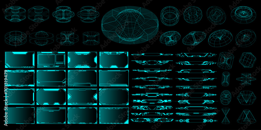 Sci Fi futuristic HUD, GUI, UI interface set and 3D shapes. Cyberpunk graphic box, 3D geometric ...