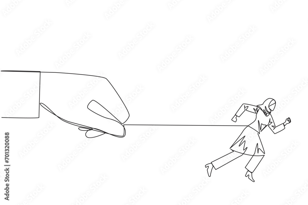 Continuous one line drawing Arab businesswoman run but stomach is tied ...