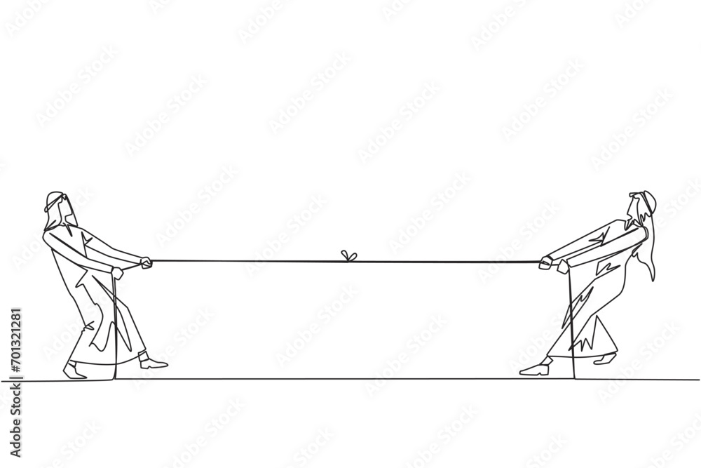 Single continuous line drawing two Arabian businessmen pulling each ...