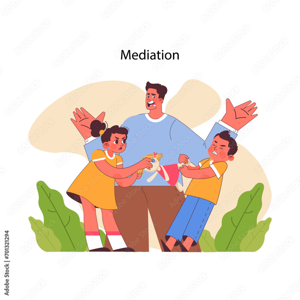 Mediation concept. Mediator resolves a dispute between two kids over a ...