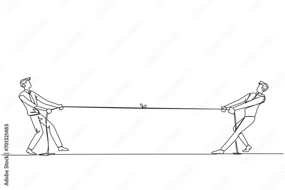 Single one line drawing two businessmen pulling each other's rope ...