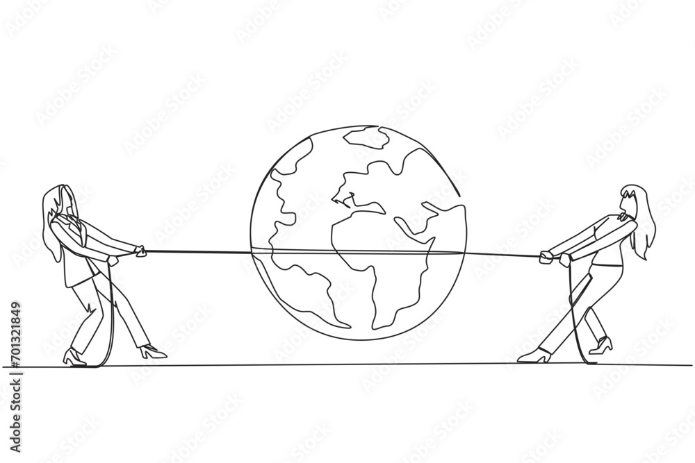 Vetor de Continuous one line drawing two businesswomen fighting over ...