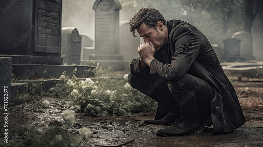 Christian man crying next to a grave with a headstone for a deceased ...