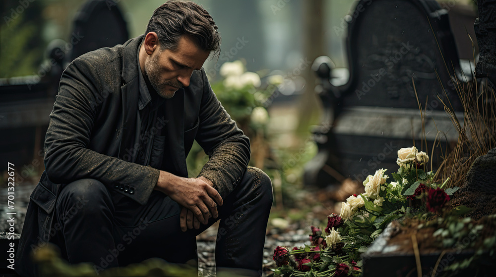 Christian man crying next to a grave with a headstone for a deceased ...