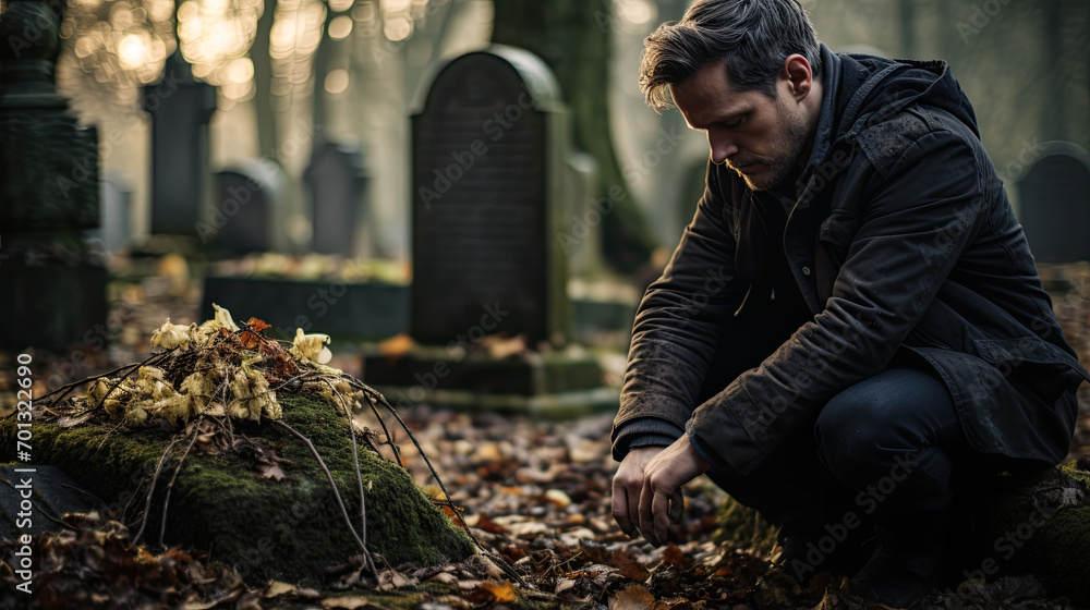 Christian man crying next to a grave with a headstone for a deceased ...