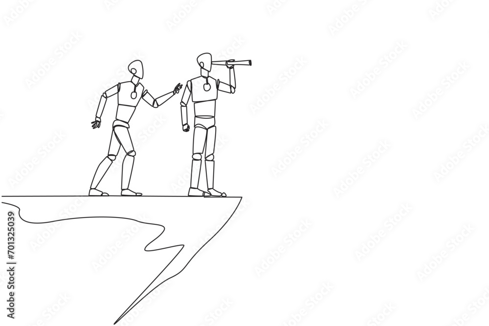 Single continuous line drawing the smart robot monitoring something at ...