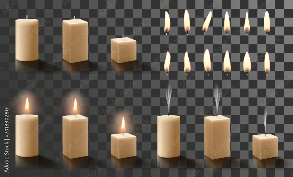 Set of wax round cylindrical and rectangular candles with candles ...
