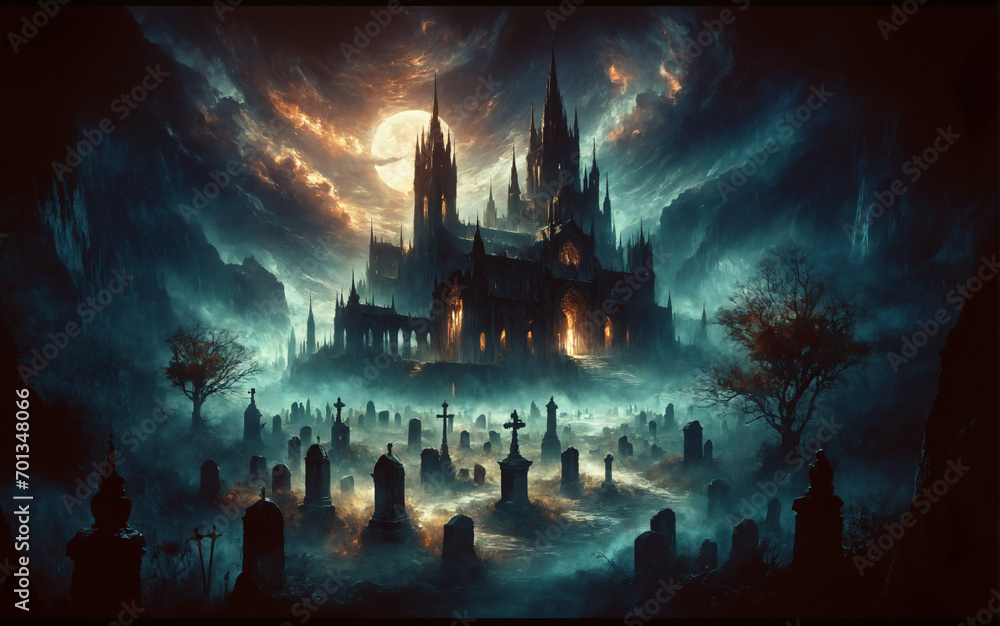 Ethereal Night at the Gothic Cemetery, a gothic cathedral and cemetery ...
