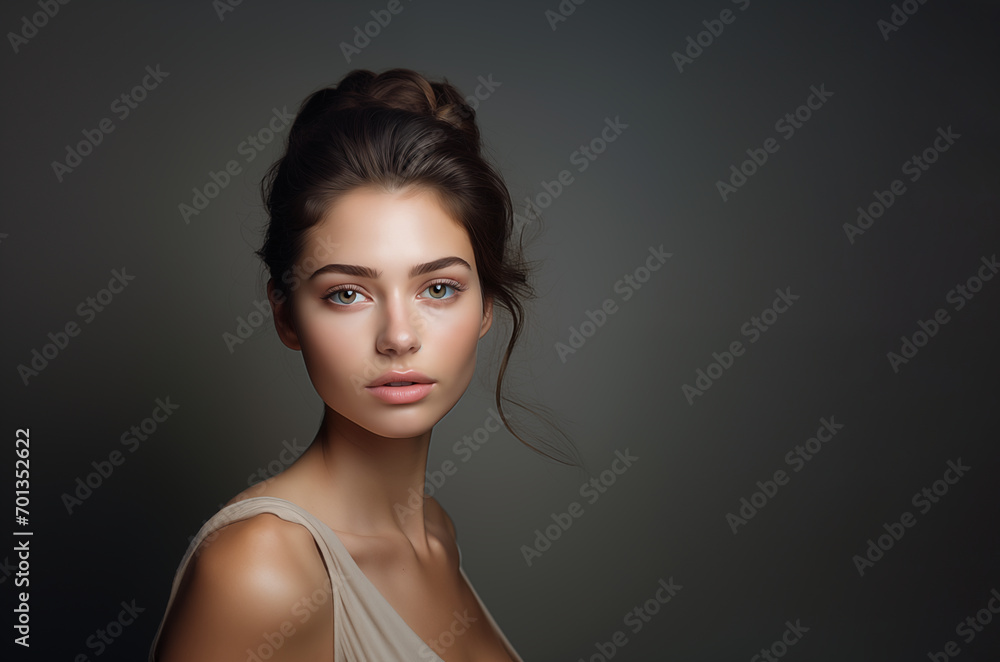A close-up beauty photoshoot captures a woman's face as she gazes into ...