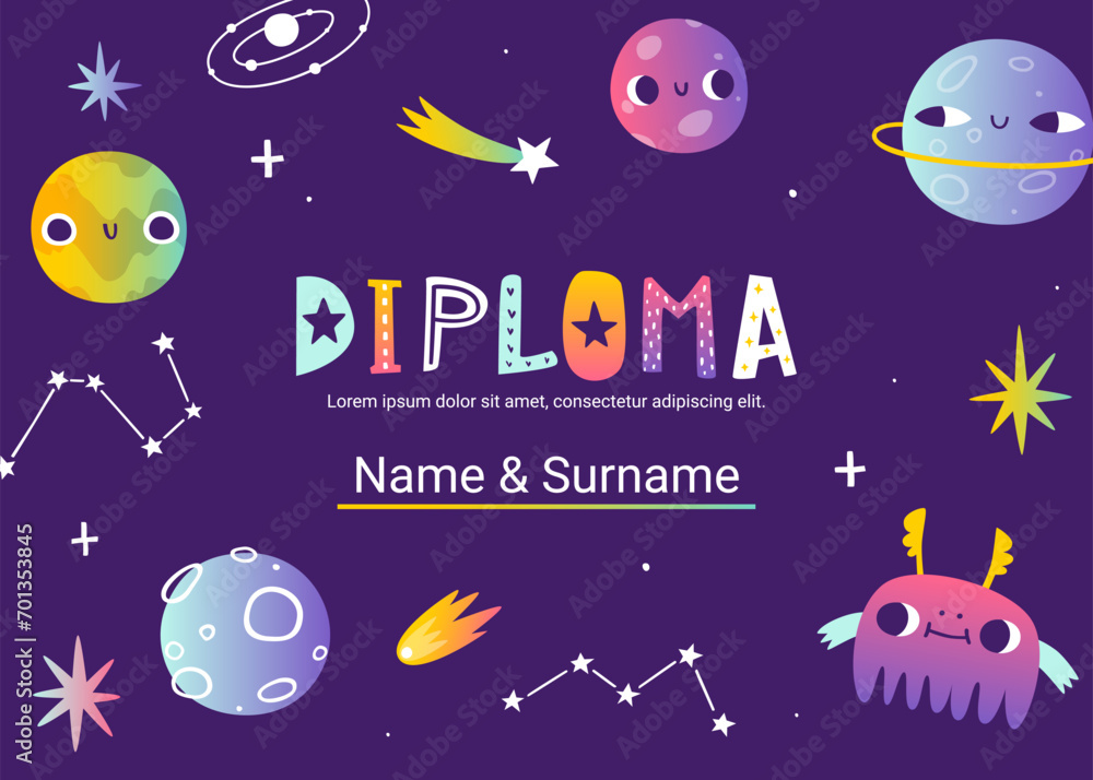 Diploma template with cute doodle space for kids. Certificate design ...