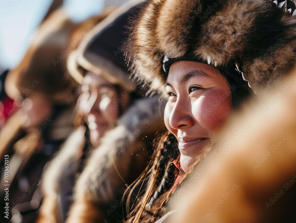 Smiling native Inuit indigenous people of Greenland dressed in colorful ...