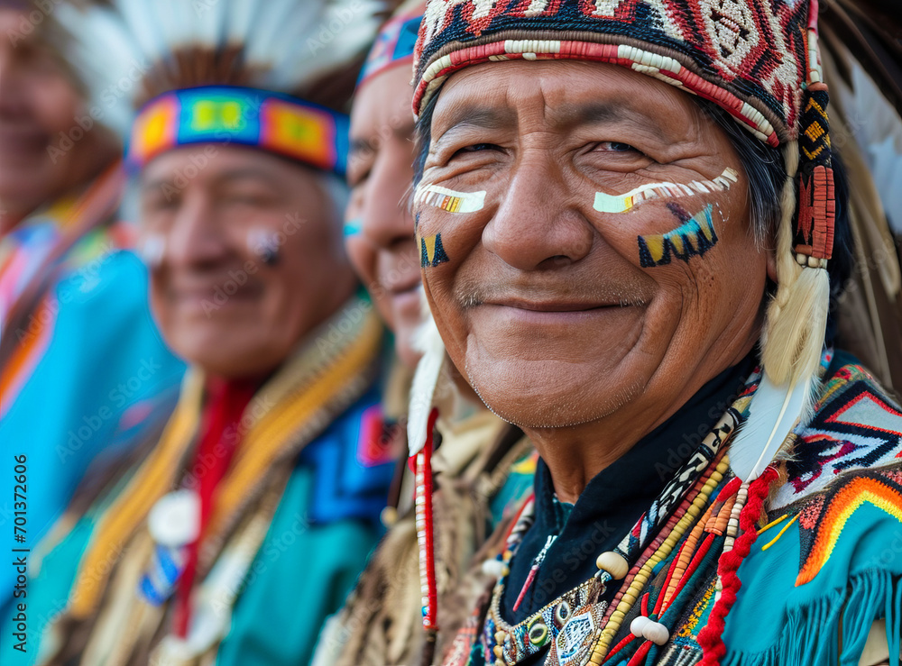 Smiling native indigenous people of USA, native americans dressed in ...