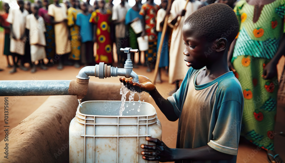 African boy collecting water. 1 in 3 African citizens are impacted by ...