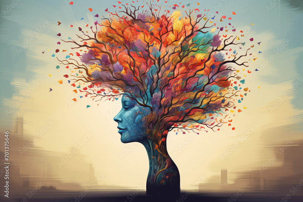Colorful tree growing out of the outline of a human head, depicting the ...