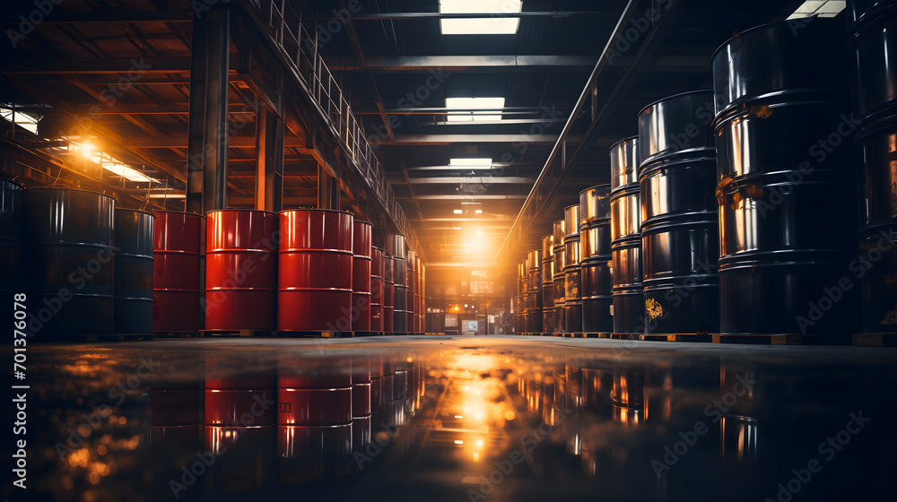 Dark warehouse with pallets holding red and black barrels or barrel ...