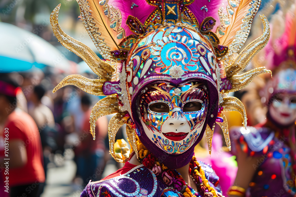 Masskara Festival street dance parade participant facing the camera ...