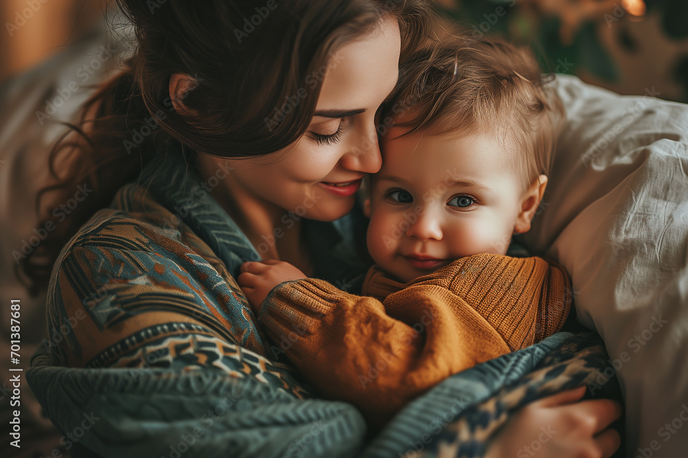 mom hug newborn baby at home. portrait of happy mum holding sleeping ...