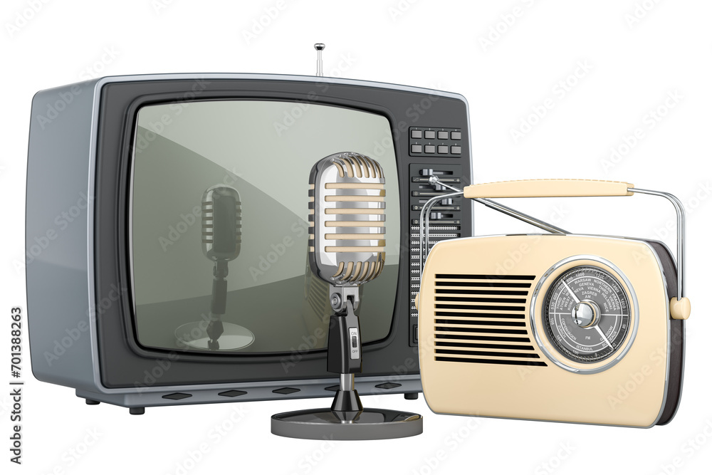 Retro old TV set, FM radio receiver and microphone. Broadcasting ...