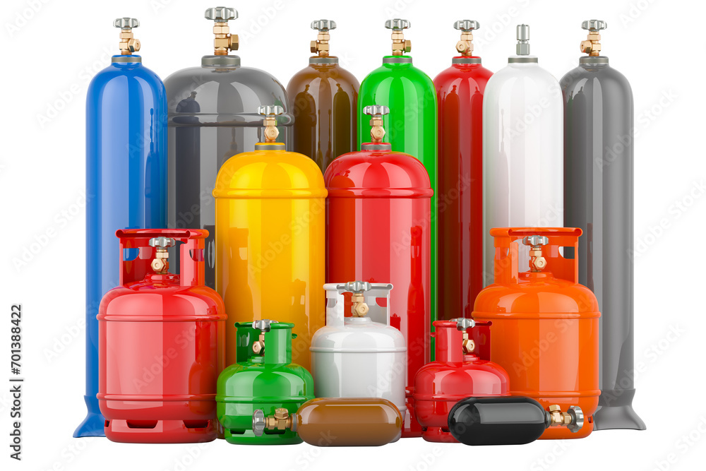 Set of different industrial liquefied gas cylinders, 3D rendering ...