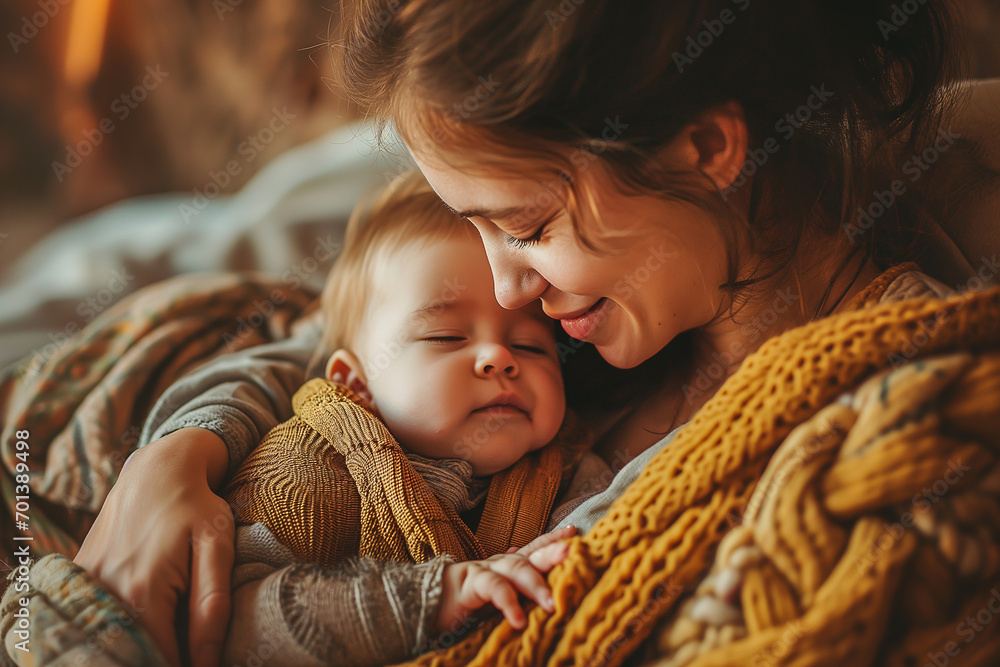 mom hug newborn baby at home. portrait of happy mum holding sleeping ...
