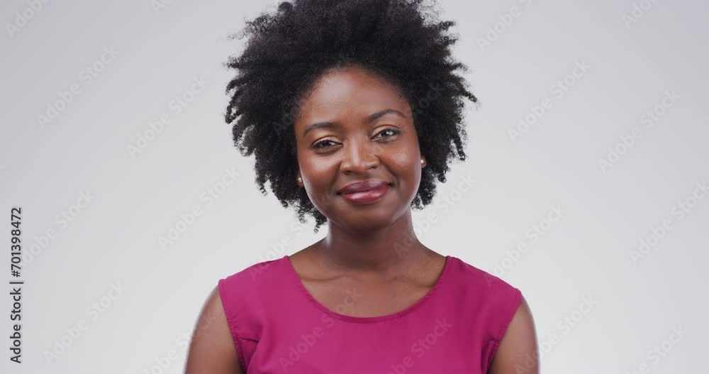 Face, comedy and funny with an african woman in studio on a white ...