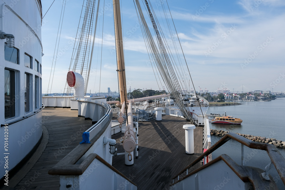 Outdoor promenade and sun decks of nostalgic luxury cruiseship cruise ...