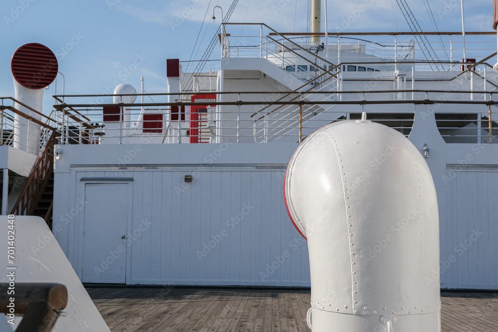 Outdoor promenade and sun decks of nostalgic luxury cruiseship cruise ...