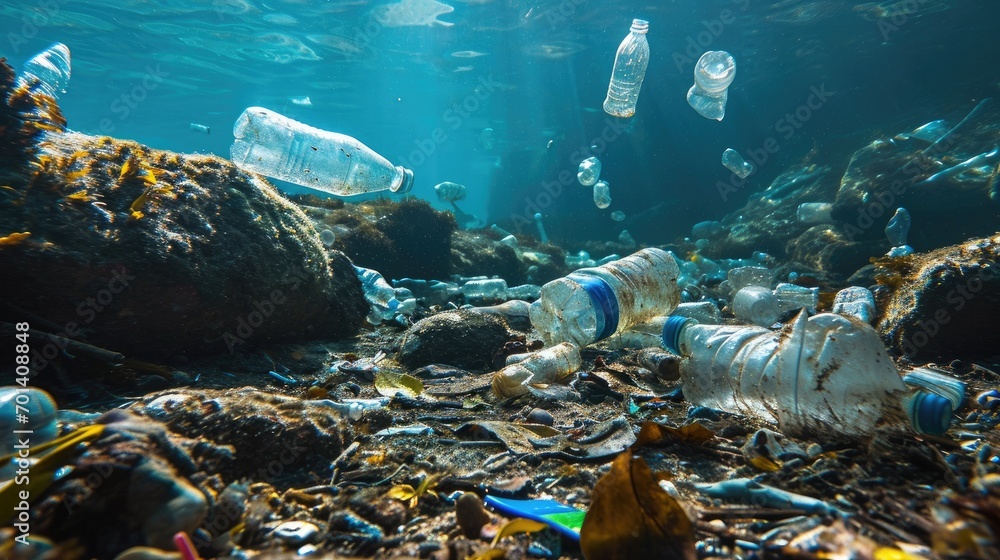 Plastic waste under the seabed. Plastic pollution in the ocean. Trash ...