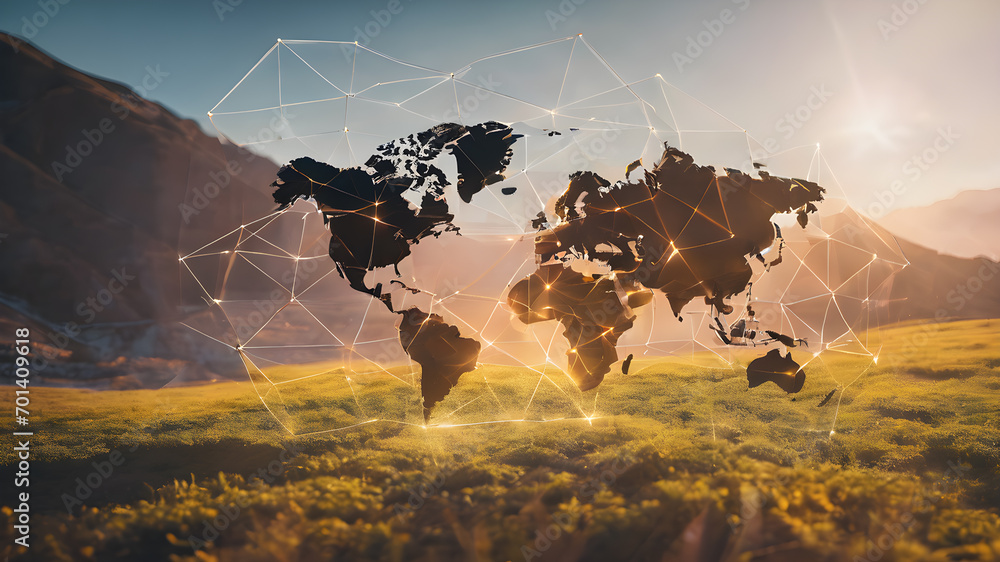 Polygonal mesh network map of world of lines and points, dots and ...