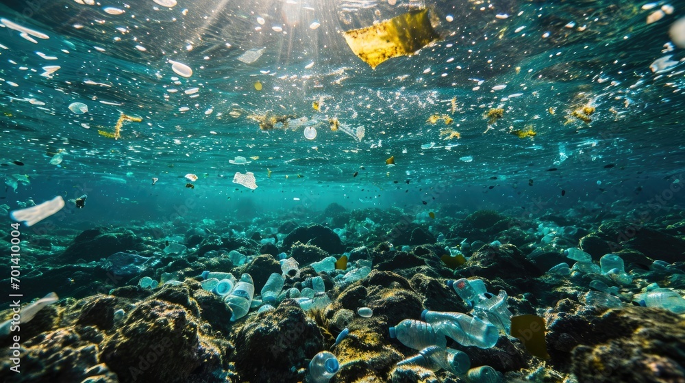 Plastic waste under the seabed. Plastic pollution in the ocean. Trash ...