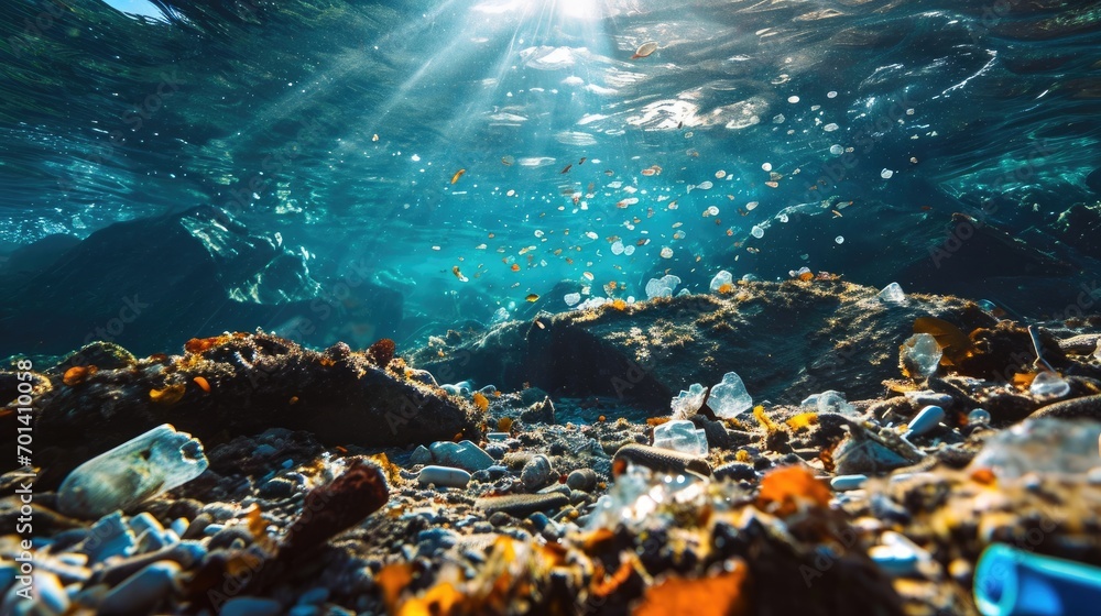 Plastic waste under the seabed. Plastic pollution in the ocean. Trash ...