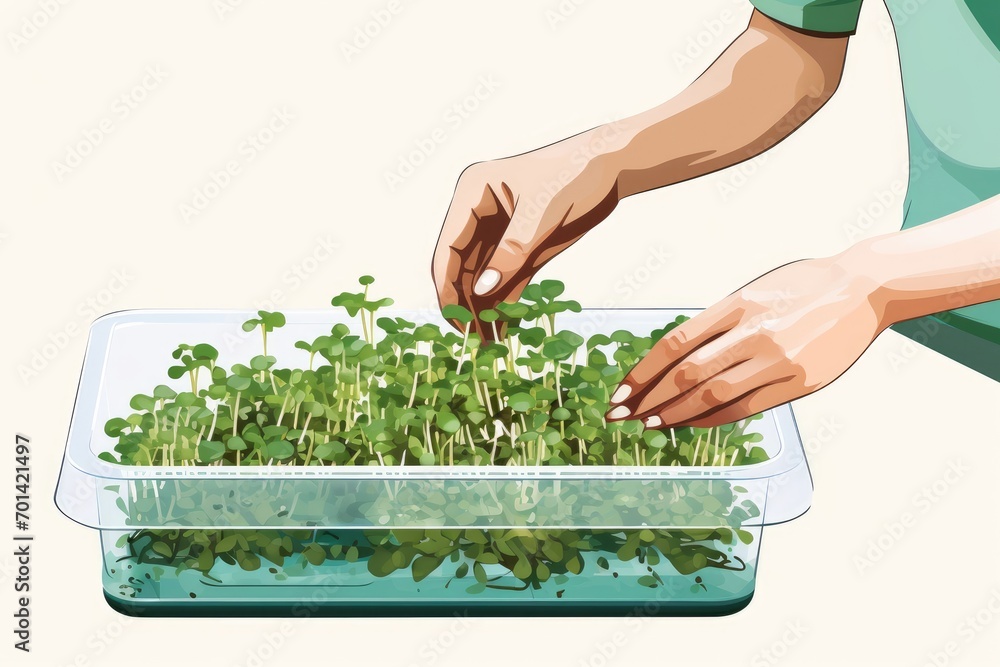 Girl's hand sows microgreens in box. Micro greens growing in ...