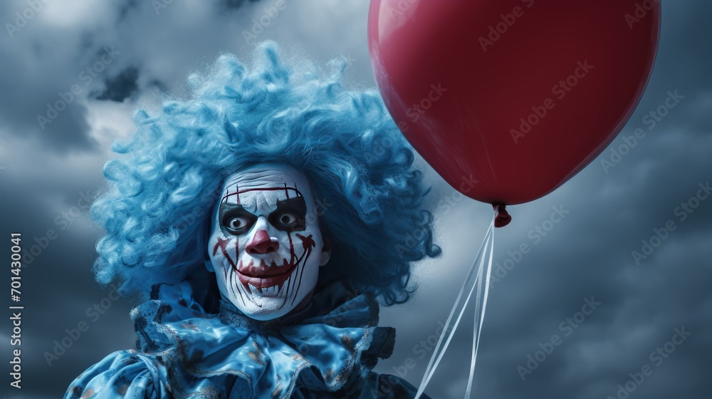 Evil scary clown holding red balloons on dramatic blue background. AI ...